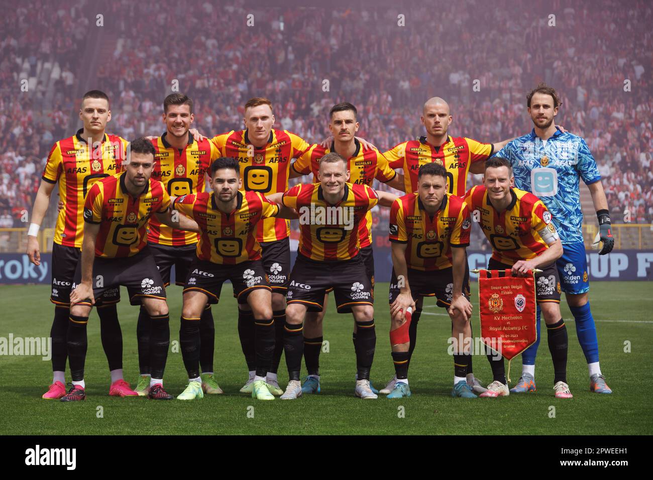 Brussels, Belgium. 30th Apr, 2023. Mechelen's players pictured ahead of ...