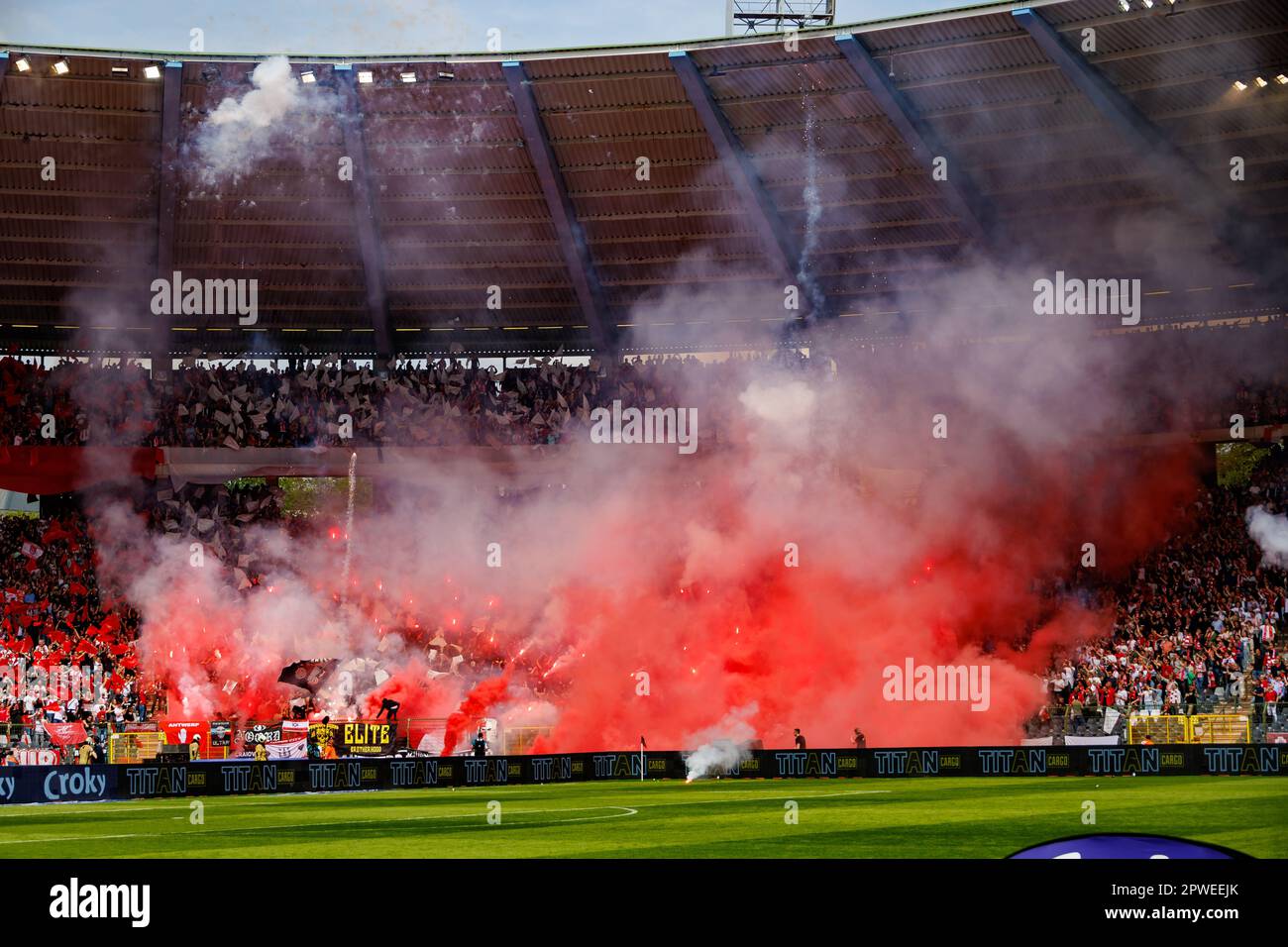 Brussels, Belgium. 30th Apr, 2023. Antwerp's supporters pictured ahead ...