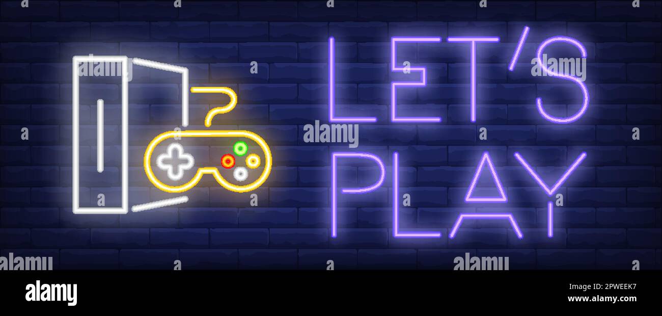 Lets play neon text and game console with controller Stock Vector Image ...