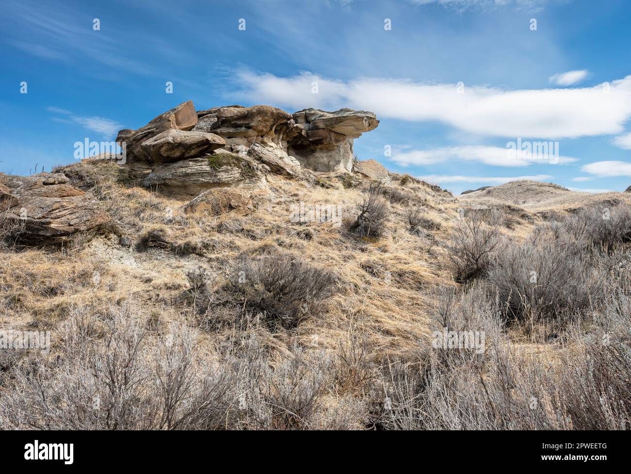 Rock formation on a grassy hilltop in Dinosaur Provincial Park, Alberta ...