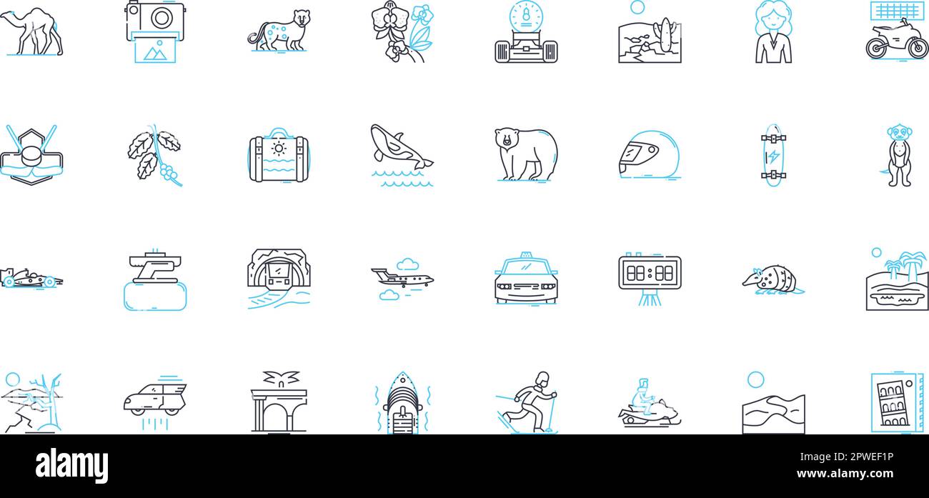 Adventure tourism linear icons set. Expedition, Trekking, Canoeing ...