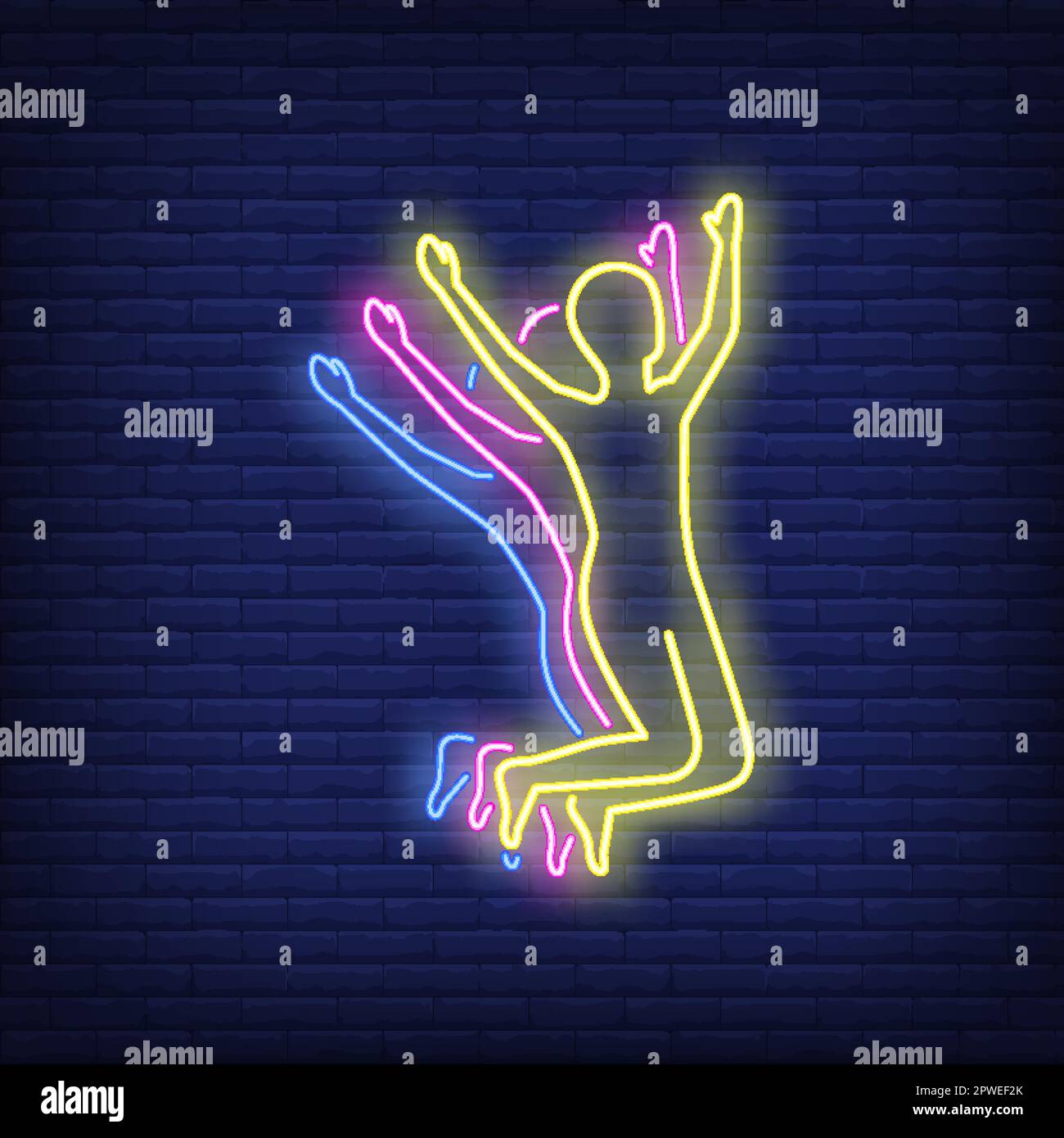 Jumping guy. Neon sign on brick wall background Stock Vector Image ...