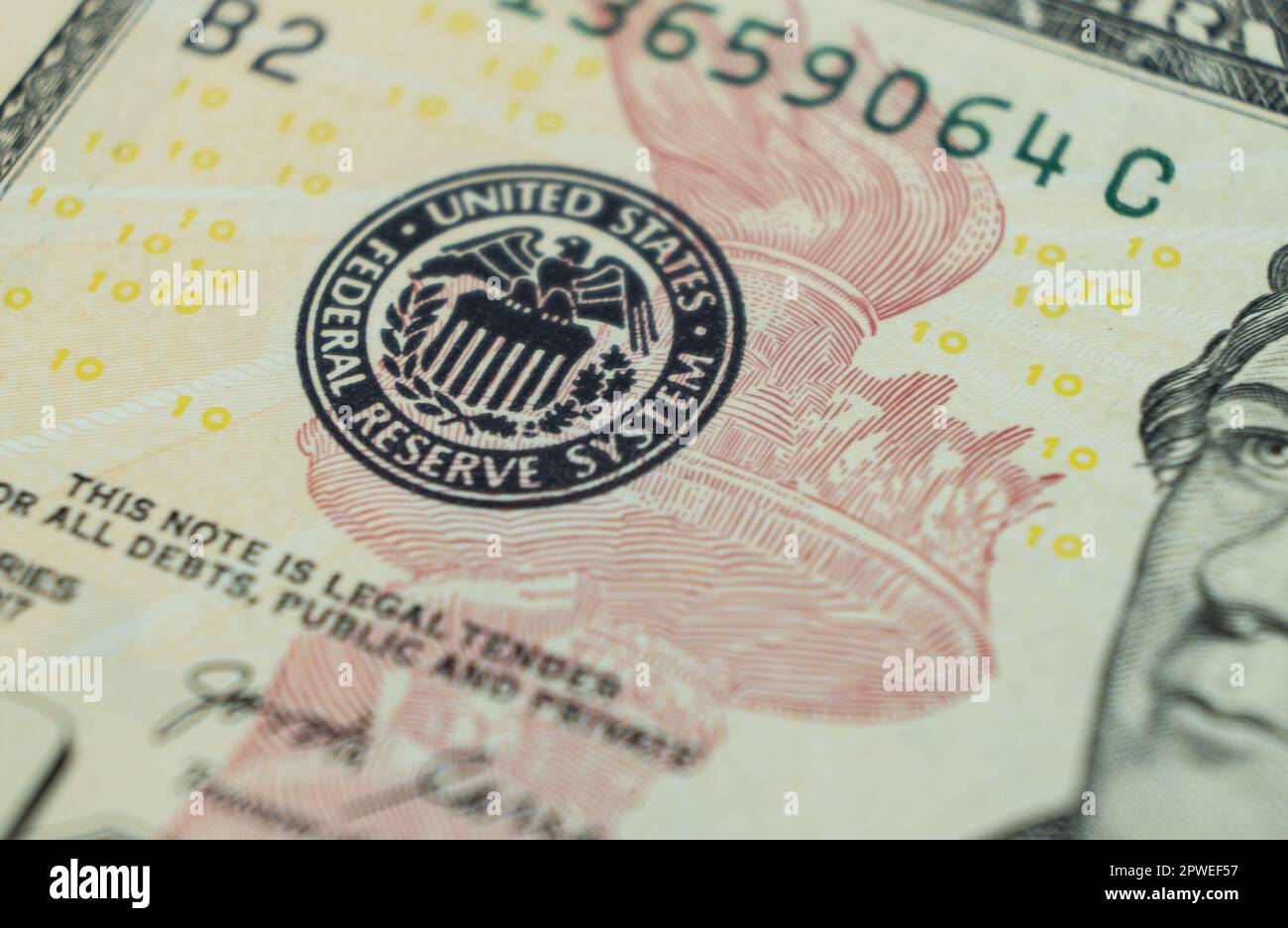 Macro shot image of the corner of a 10 dollar bill banknotes. Concept ...