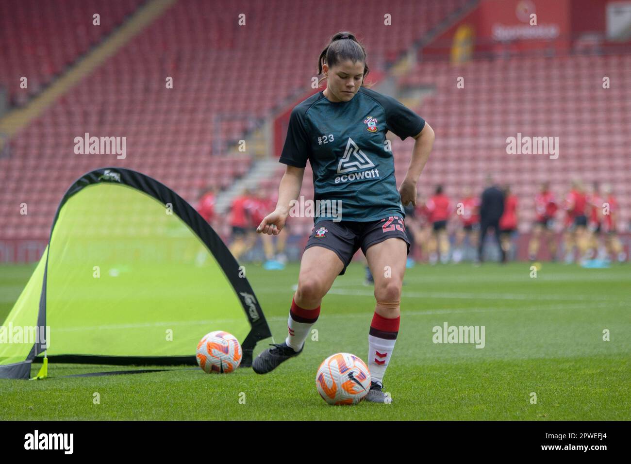Southampton, UK. 30th Apr, 2023. Megan Collett (23 Southampton) warming ...