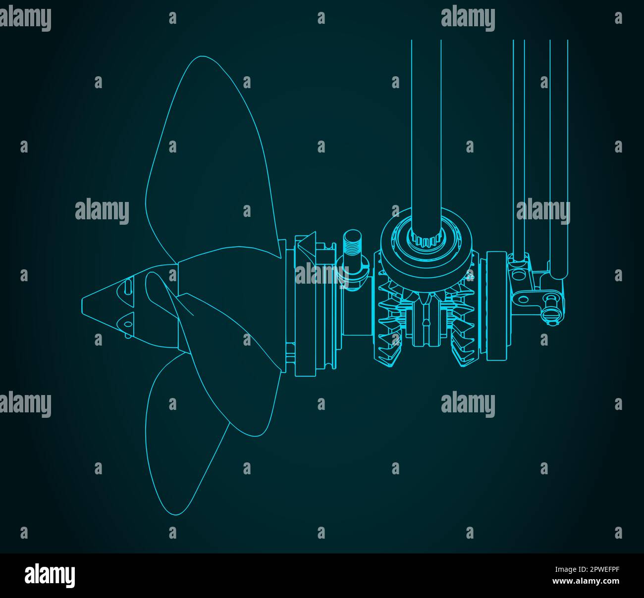 Stylized vector illustration of isometric blueprint of outboard motor ...