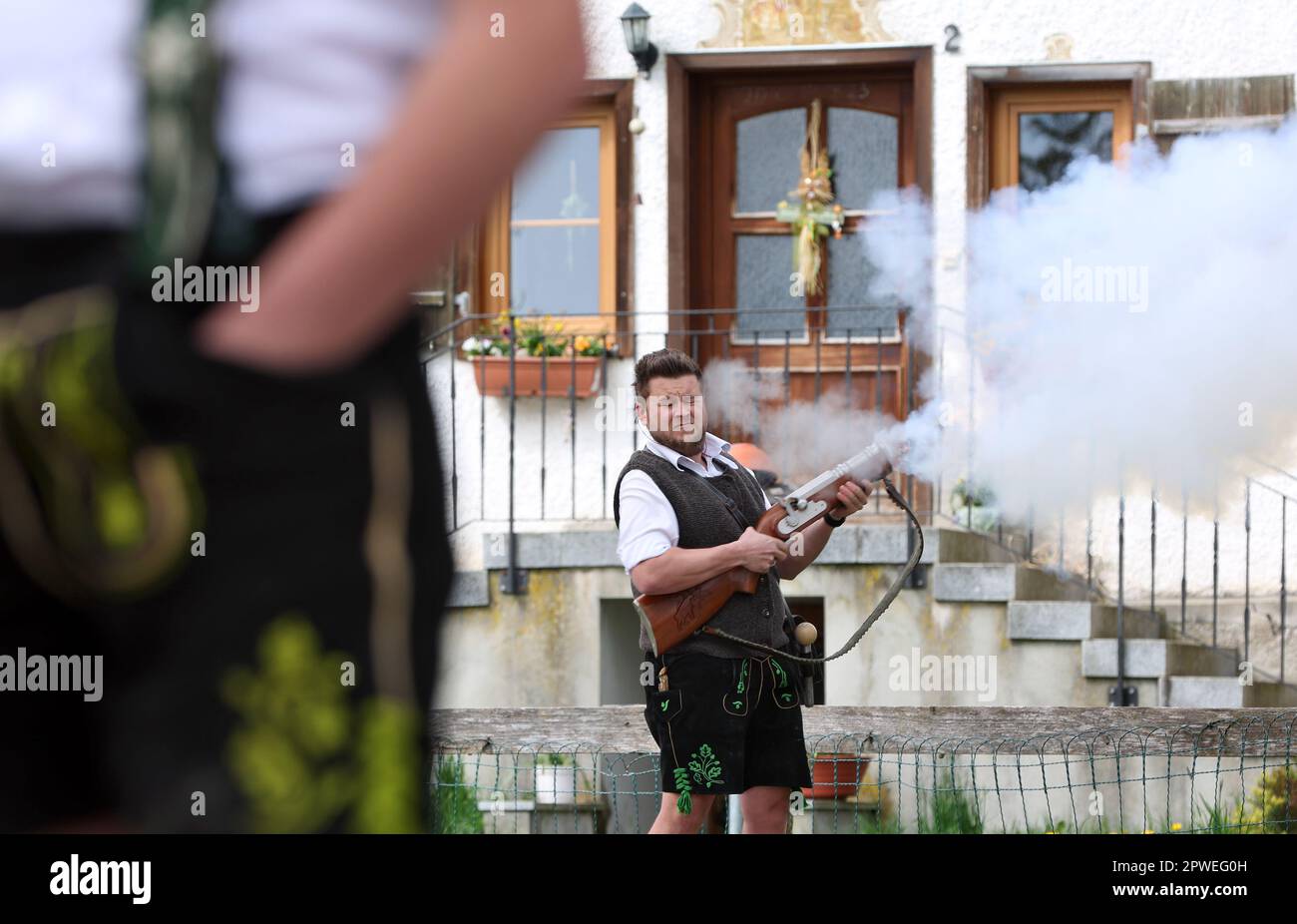 Immenstadt, Germany. 30th Apr, 2023. A firecracker fires in the village ...