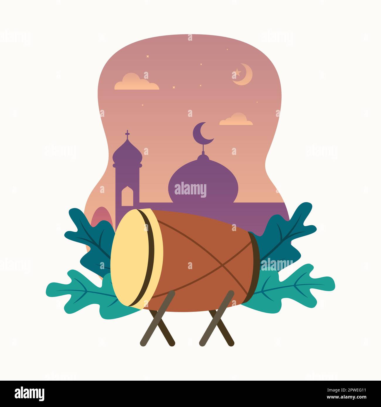 Flat Illustration of Bedug Drum with Silhouette of Mosque Isolated on a ...