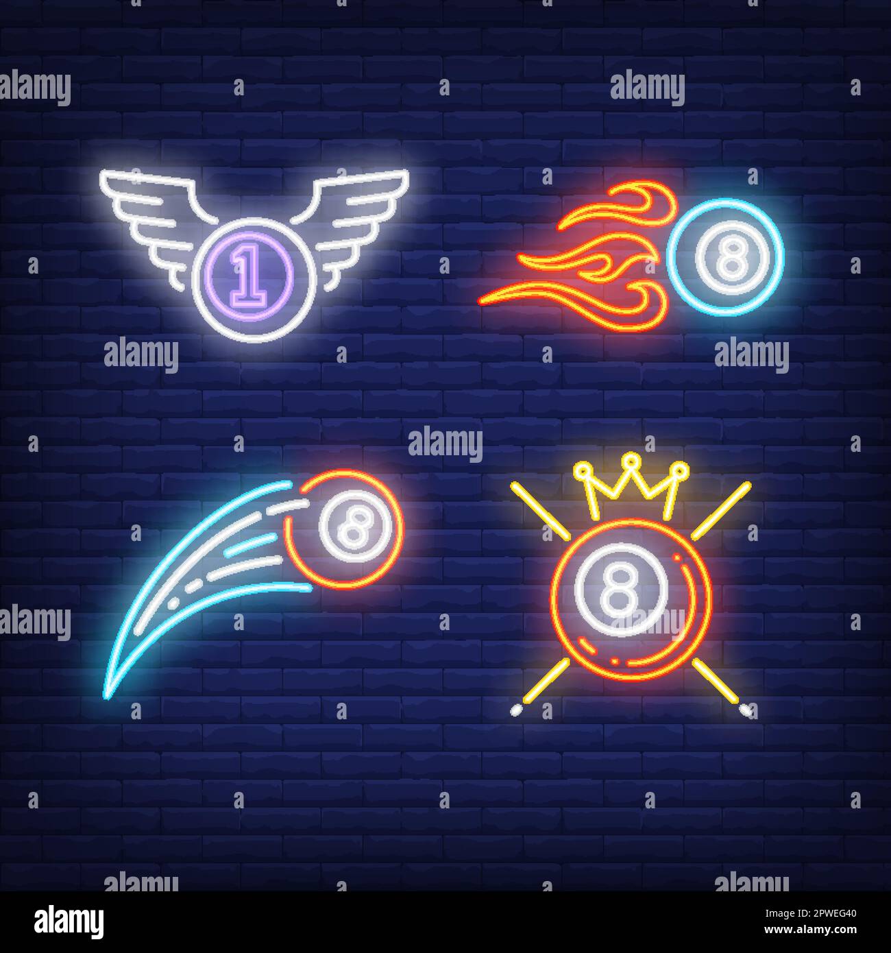Flying billiard balls with wings and cues neon signs set Stock Vector ...