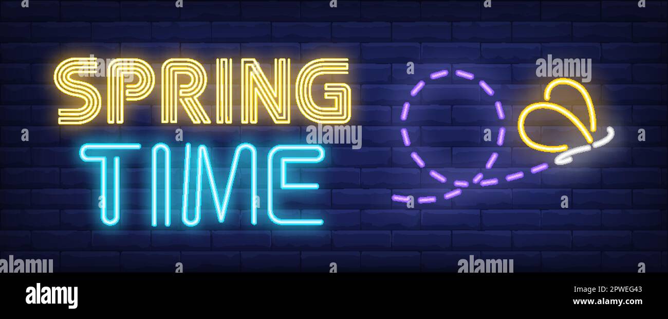 Spring time neon text with butterfly and its flight trajectory Stock ...