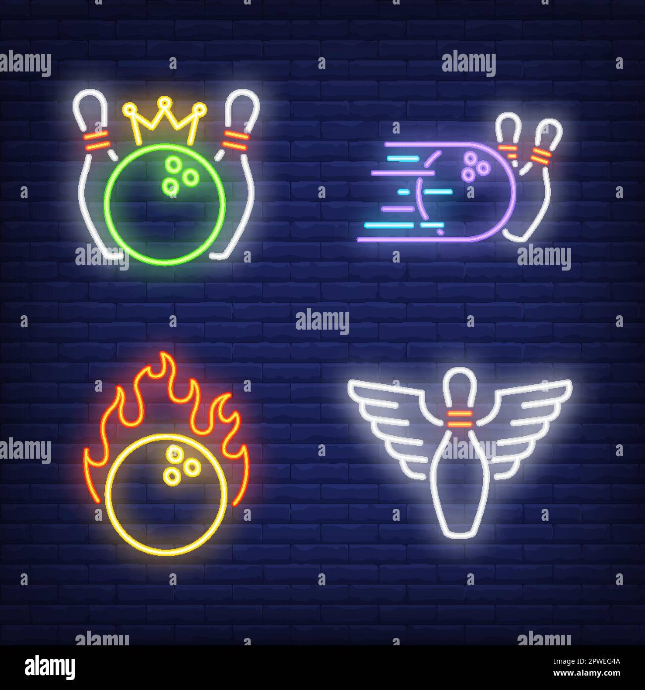 Bowling balls and skittles with wings neon signs set Stock Vector Image ...