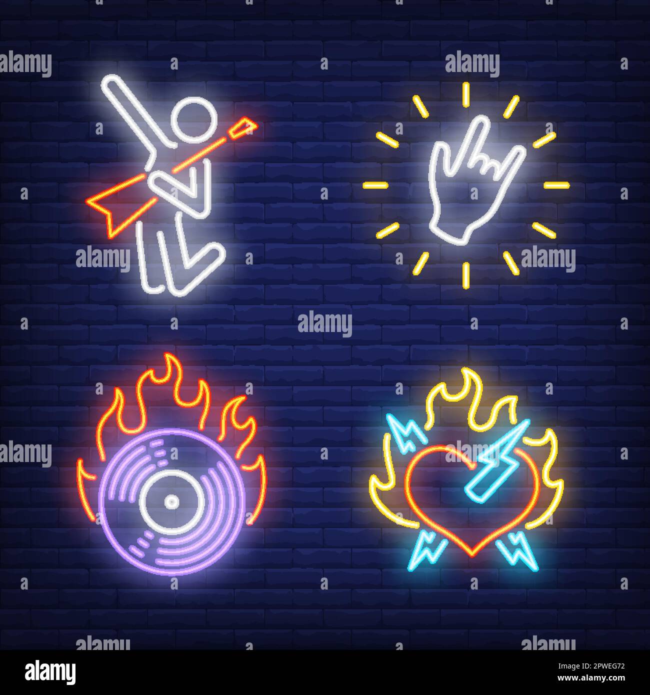 CD disk and heart on fire, hand gesture and rocker neon signs Stock ...