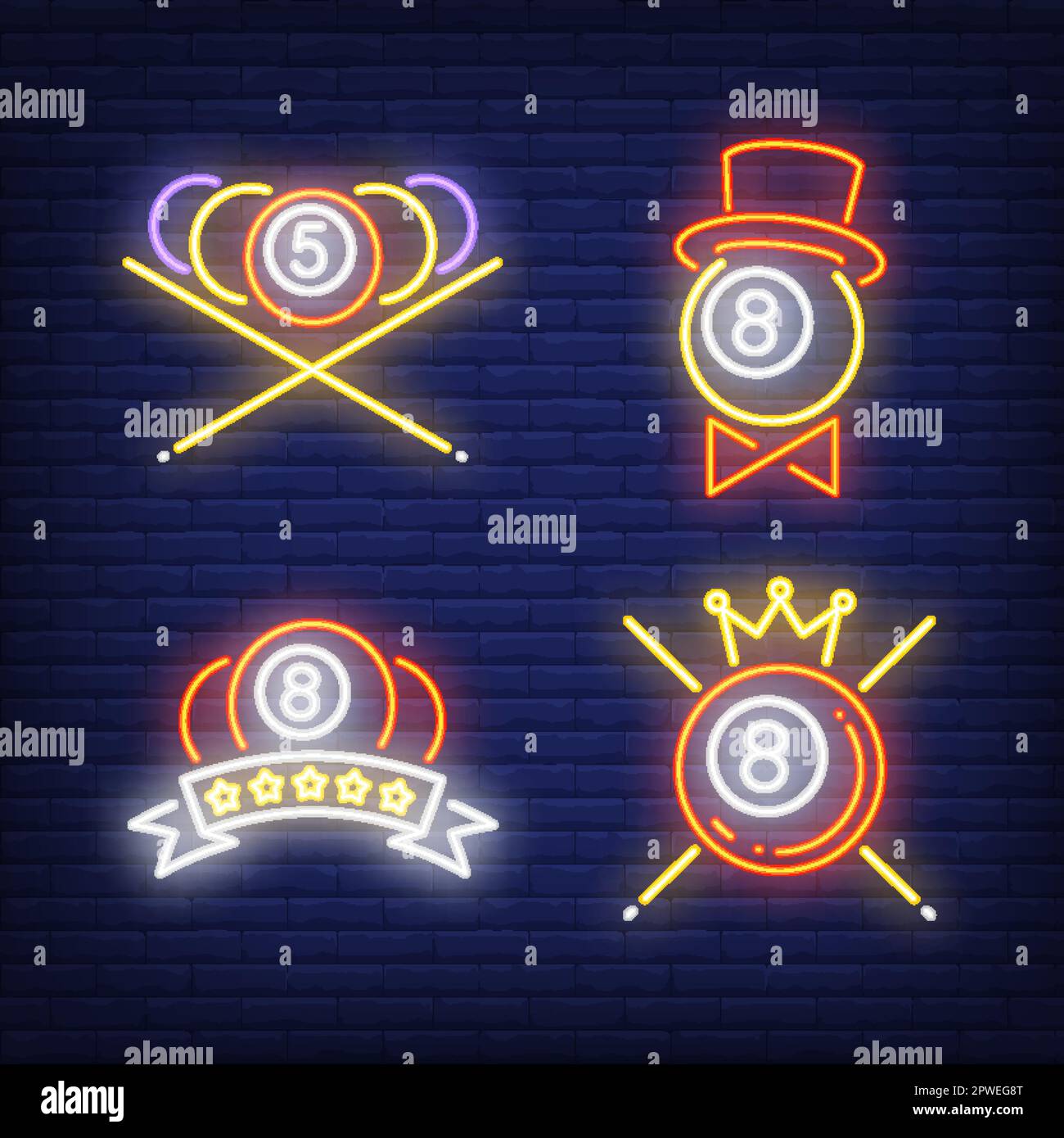 Billiard balls with crown, top hat and cues neon signs set Stock Vector ...