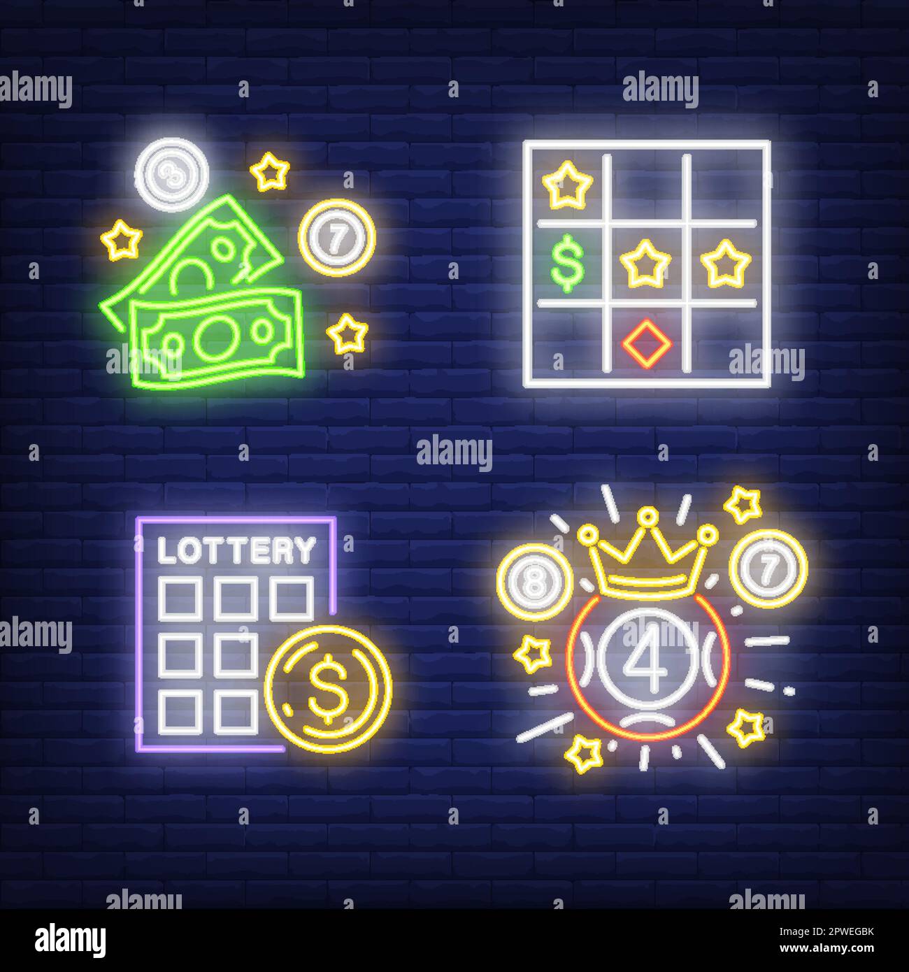 Lottery tickets, balls and dollar banknotes neon signs set Stock Vector ...