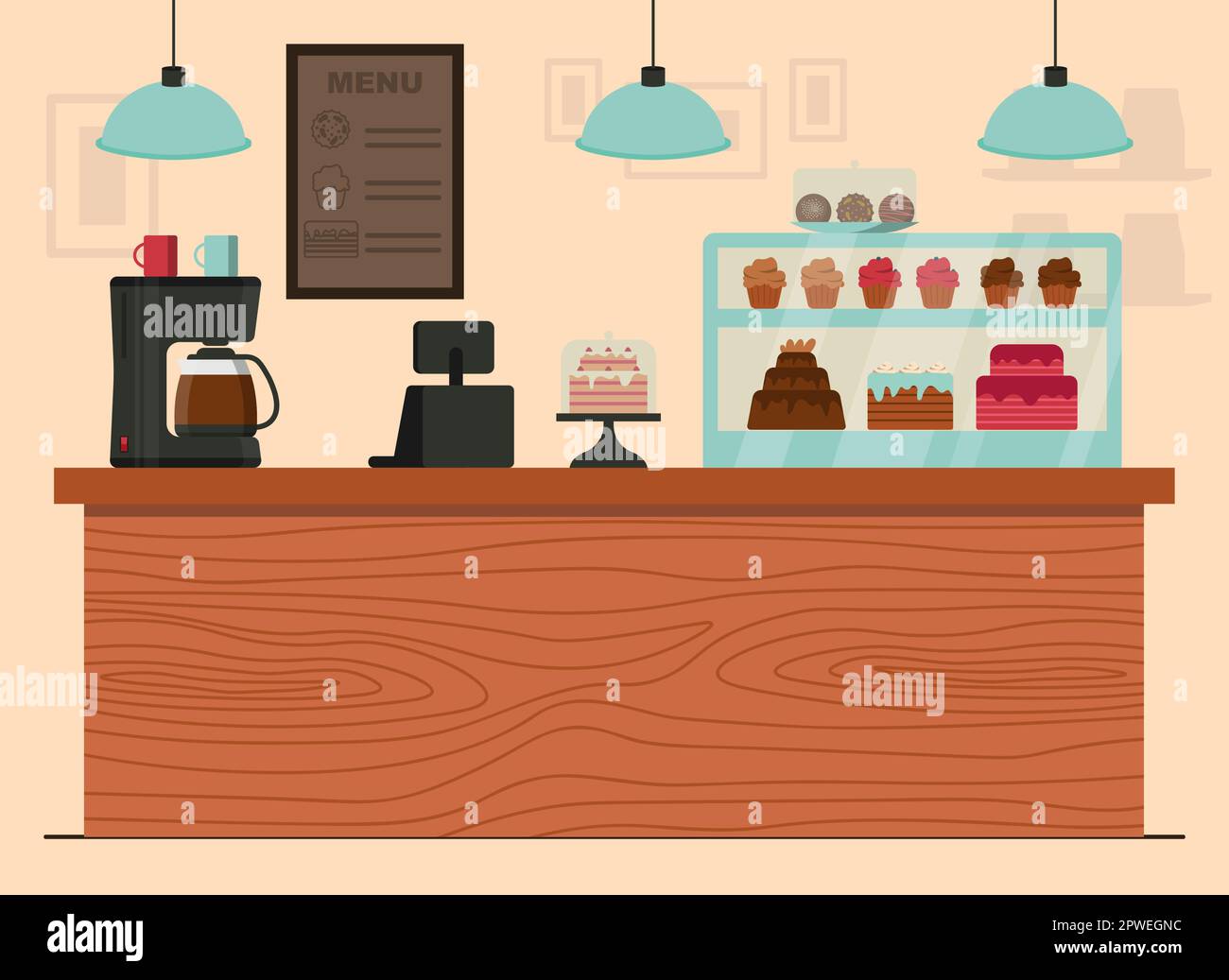 Bakery Showcase On The Bar In The Coffee Shop. Interior Vector Flat ...
