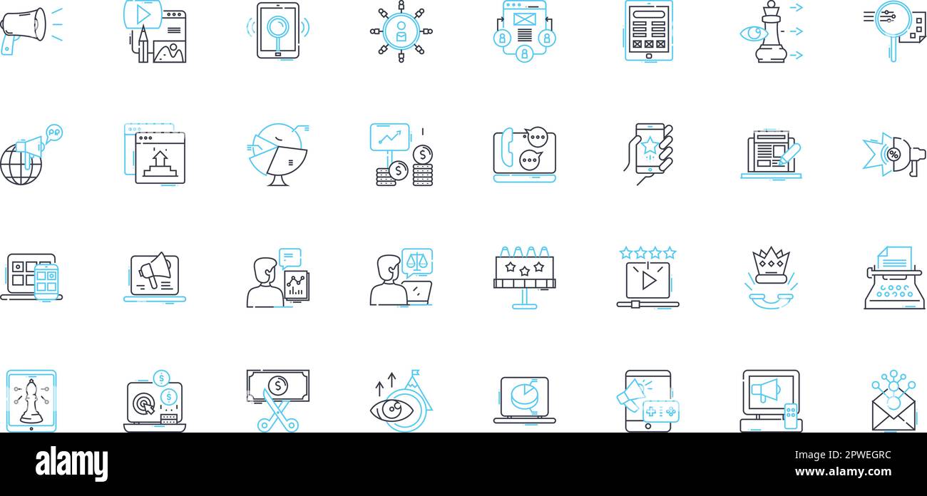 Social strategy linear icons set. Engagement, Insights, Metrics, Analytics, Planning, Content ...