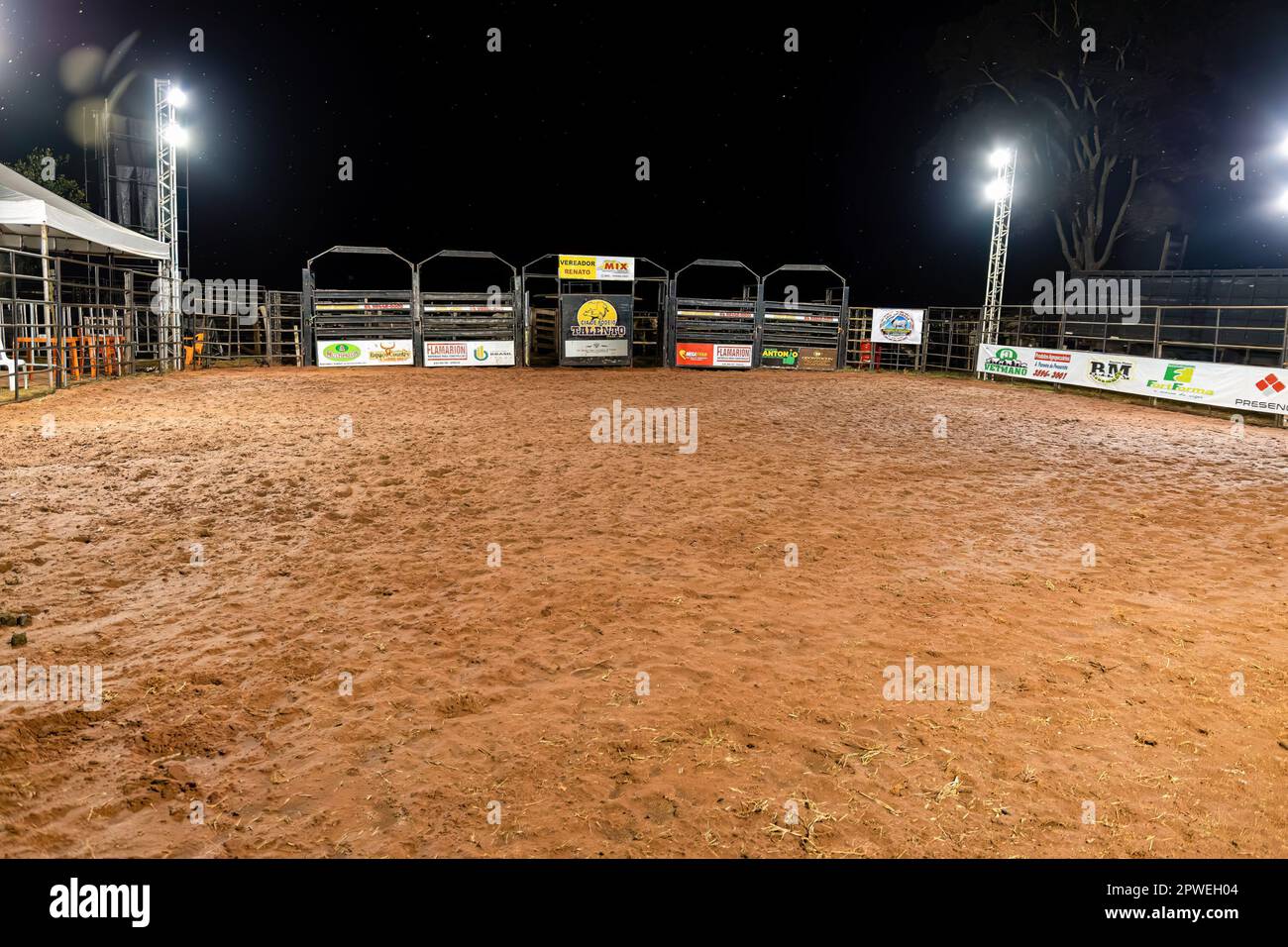 Itaja, Goias, Brazil - 04 21 2023: Small bull riding arena with sand ...