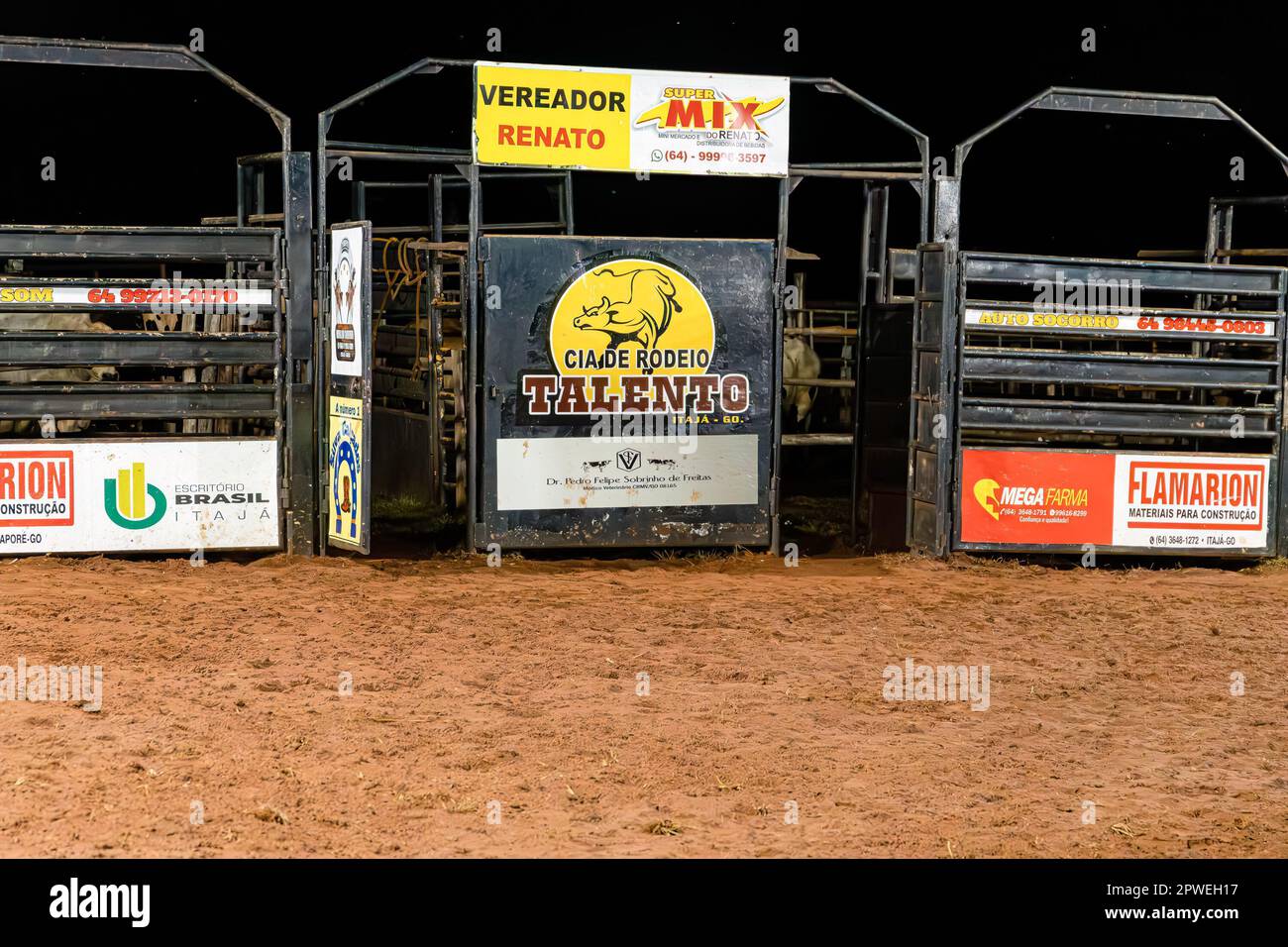 Itaja, Goias, Brazil - 04 21 2023: Small bull riding arena with sand ...