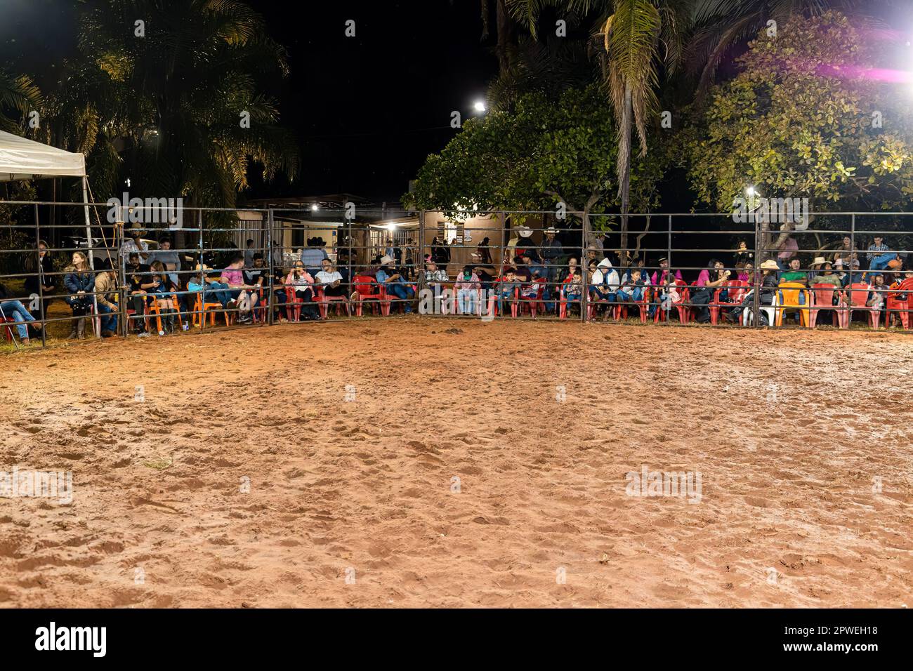 Itaja, Goias, Brazil - 04 21 2023: Small bull riding arena with sand ...