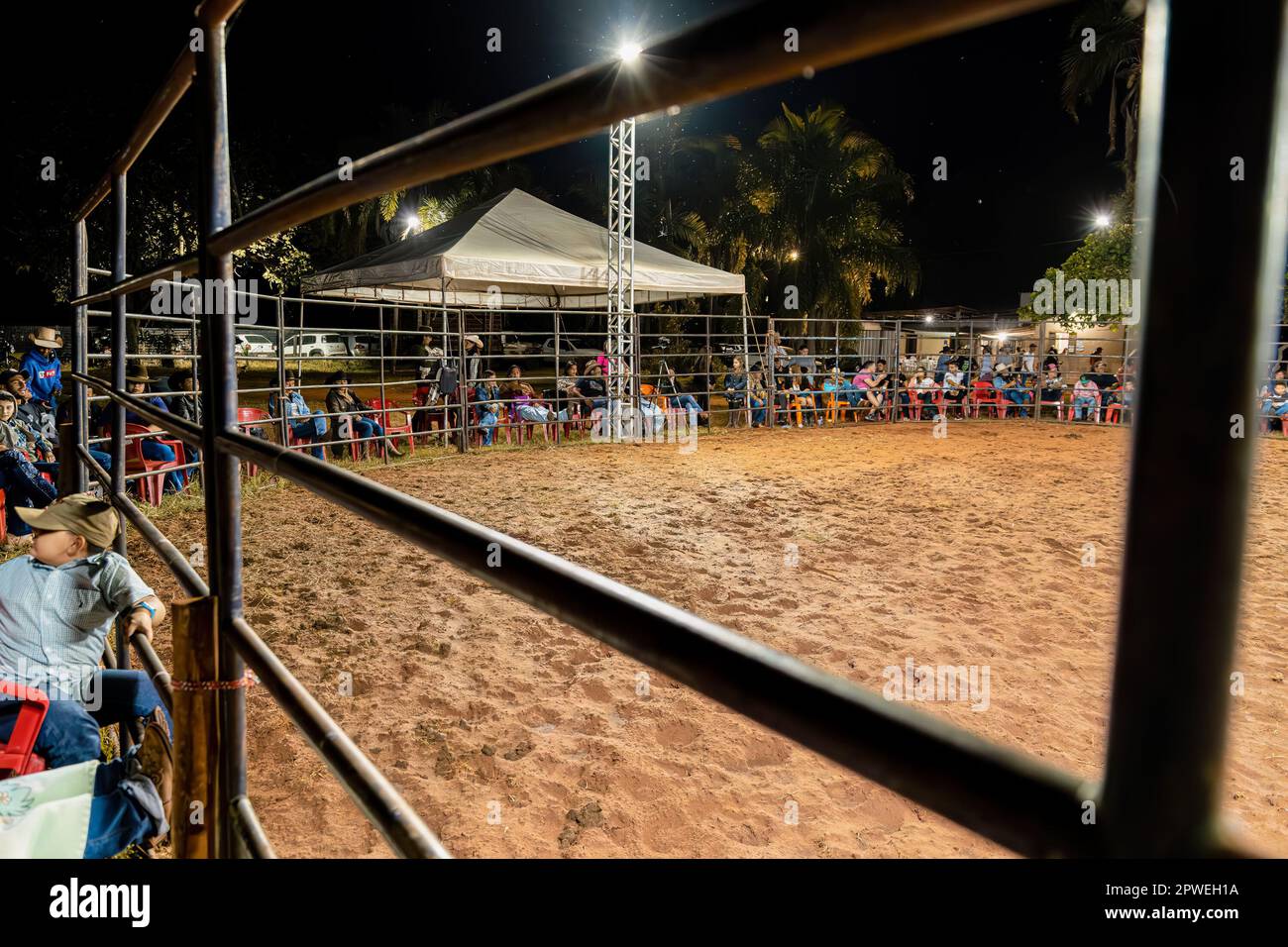 Itaja, Goias, Brazil - 04 21 2023: Small bull riding arena with sand ...
