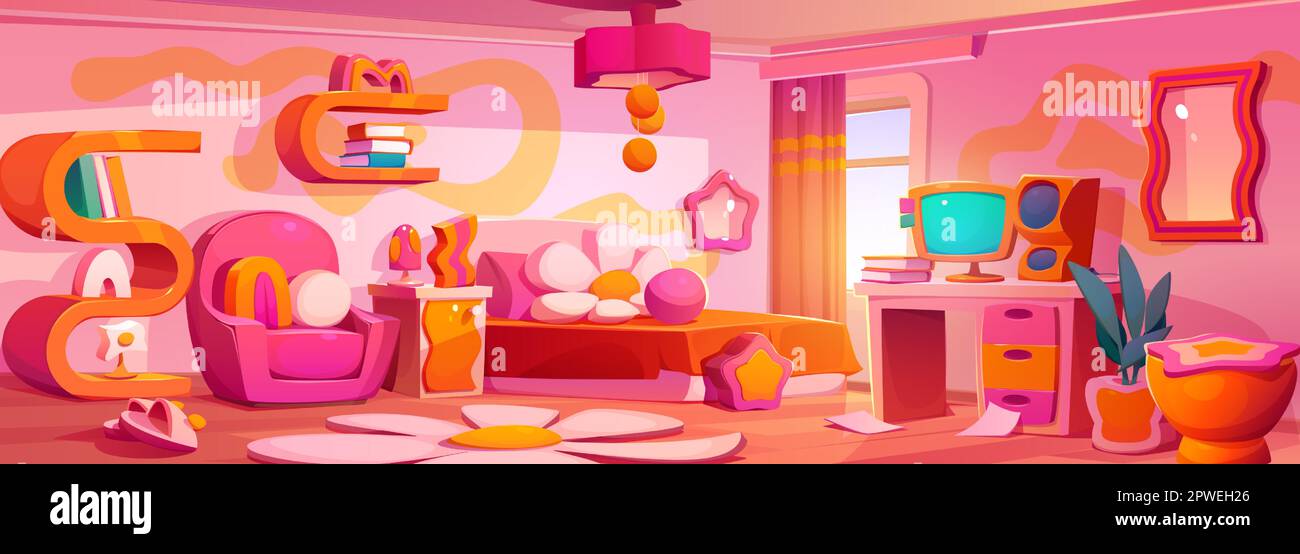 Y2k bedroom interior with daisy flower pillow vector background. Groovy ...