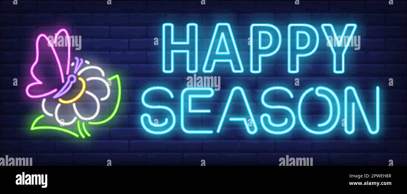 Happy season neon text with butterfly sitting on flower Stock Vector ...