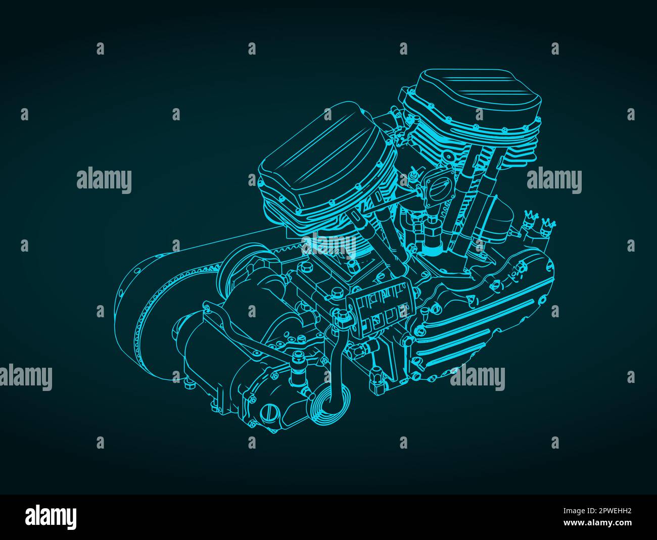 Stylized vector illustration of blueprint of powerful motorcycle engine ...