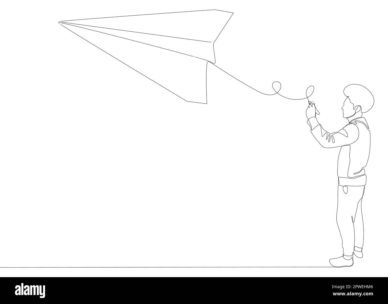 One continuous line of Man pointing with finger at Paper Airplane. Thin ...