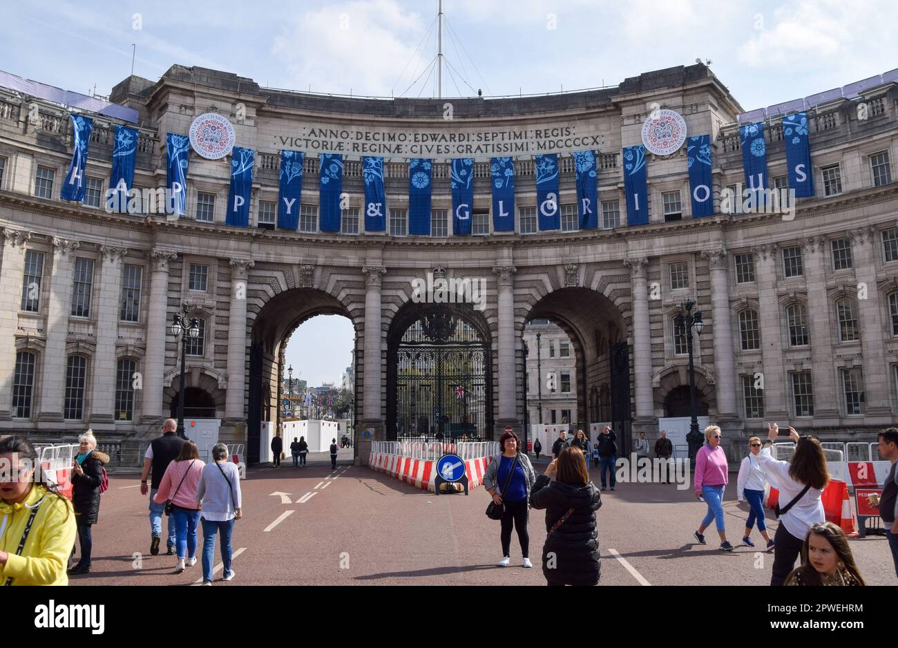 London, UK. 30th April 2023. Coronation emblems and banners on the ...