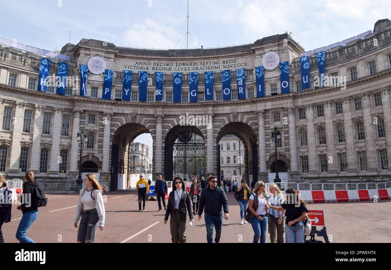 London, UK. 30th April 2023. Coronation emblems and banners on the ...