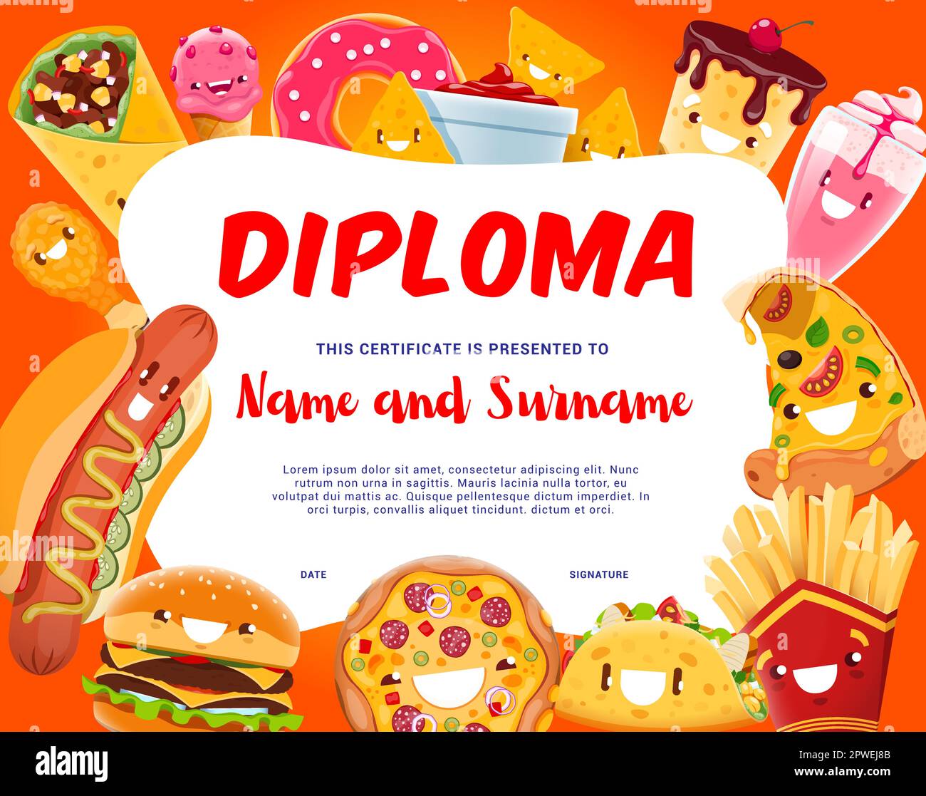 Kids diploma cartoon cheerful fast food characters. Cartoon vector ...