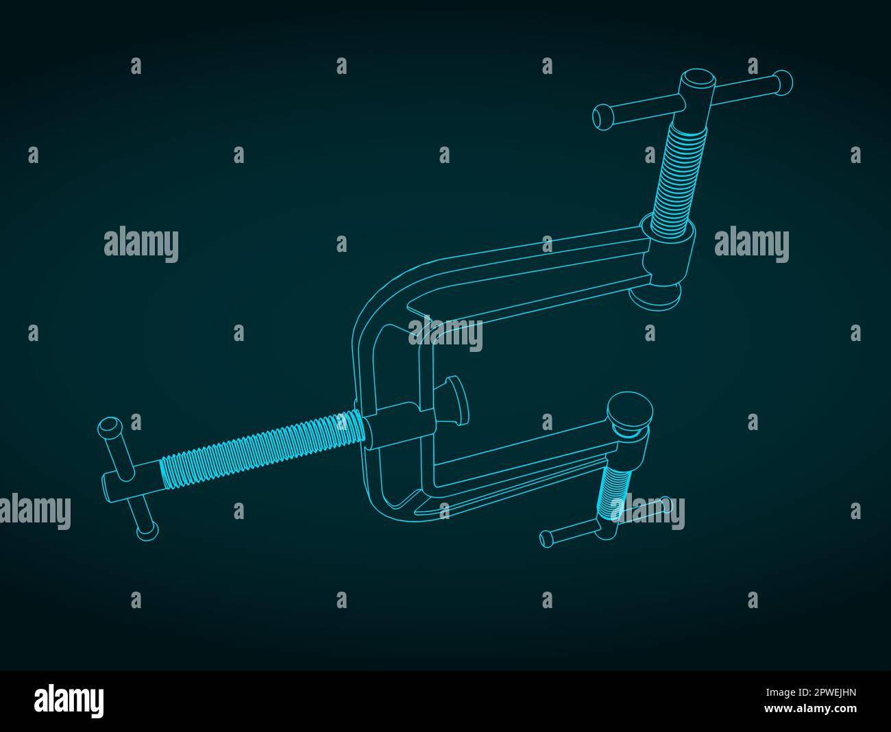 Stylized vector illustration of blueprint of three way C-clamp Stock ...