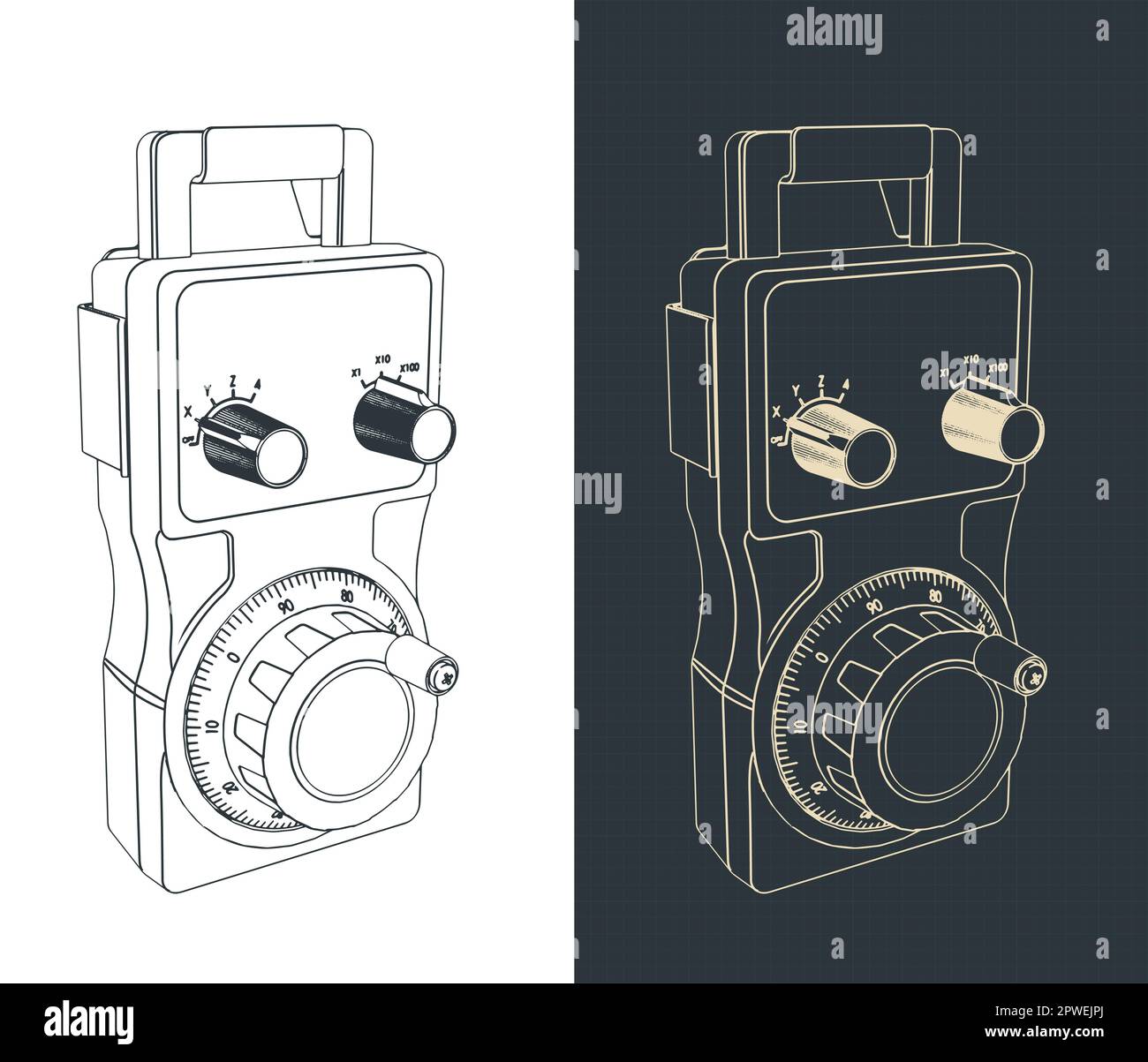 Stylized vector illustration of blueprints of electronic handwheel controller for CNC router ...