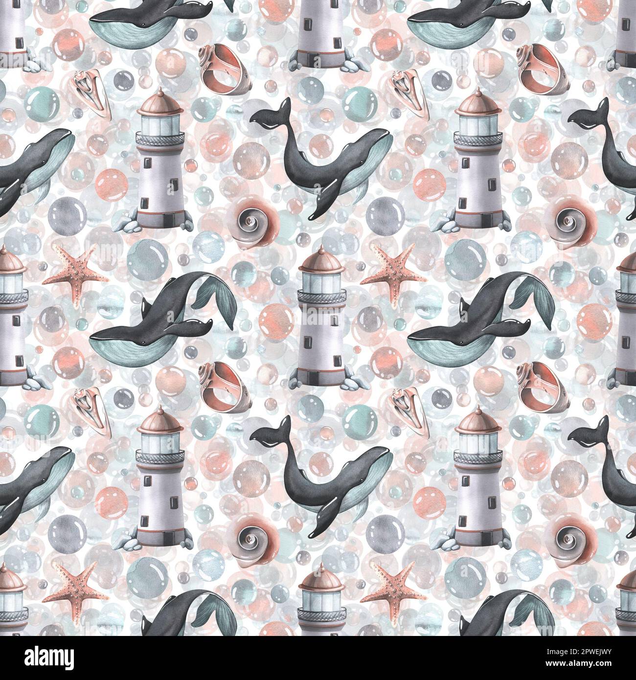 A marine lighthouse with whales, shells and water bubbles. Watercolor ...