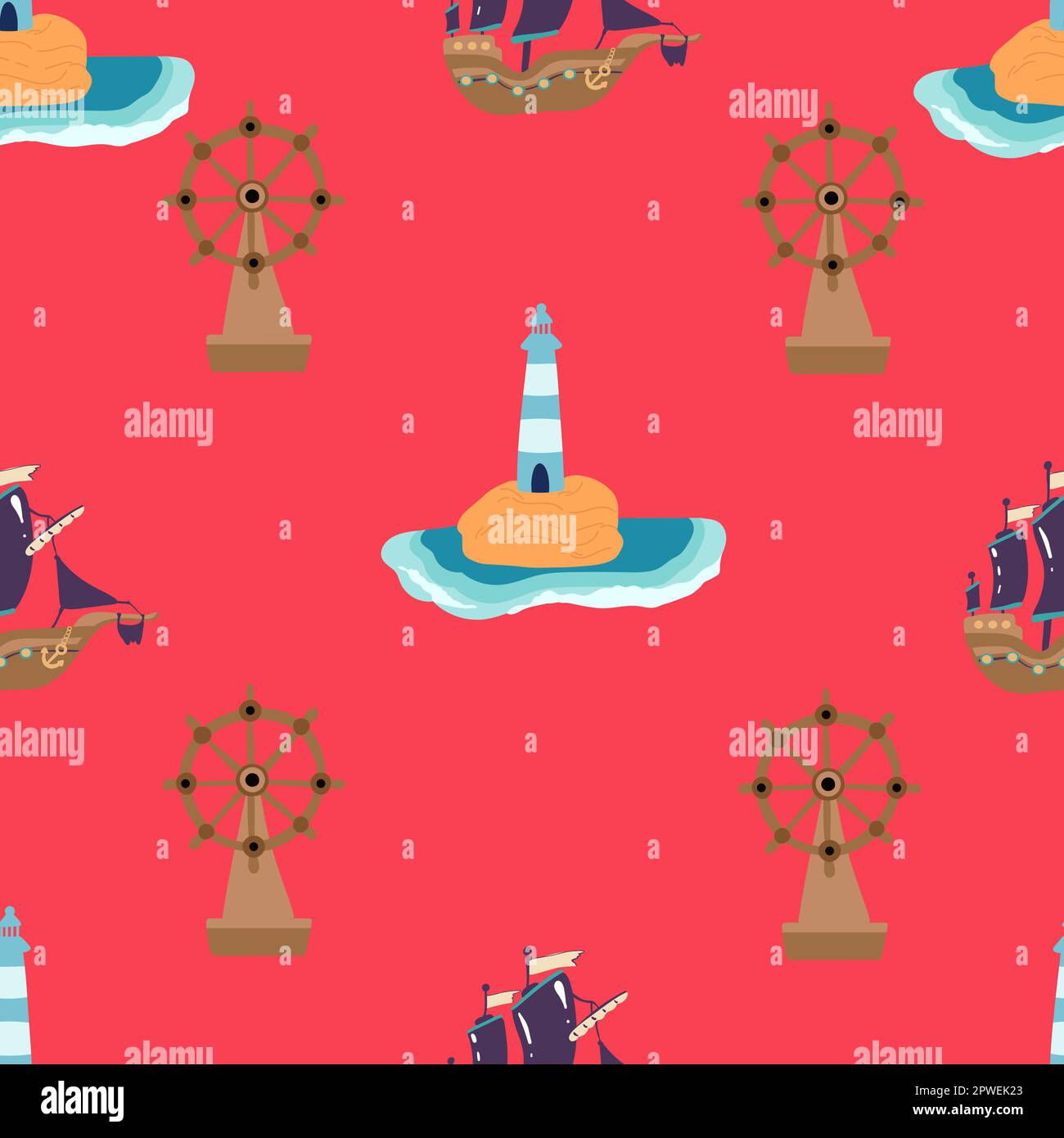 Seamless pattern with cute kid boy pirate. Cartoon child holding sword ...