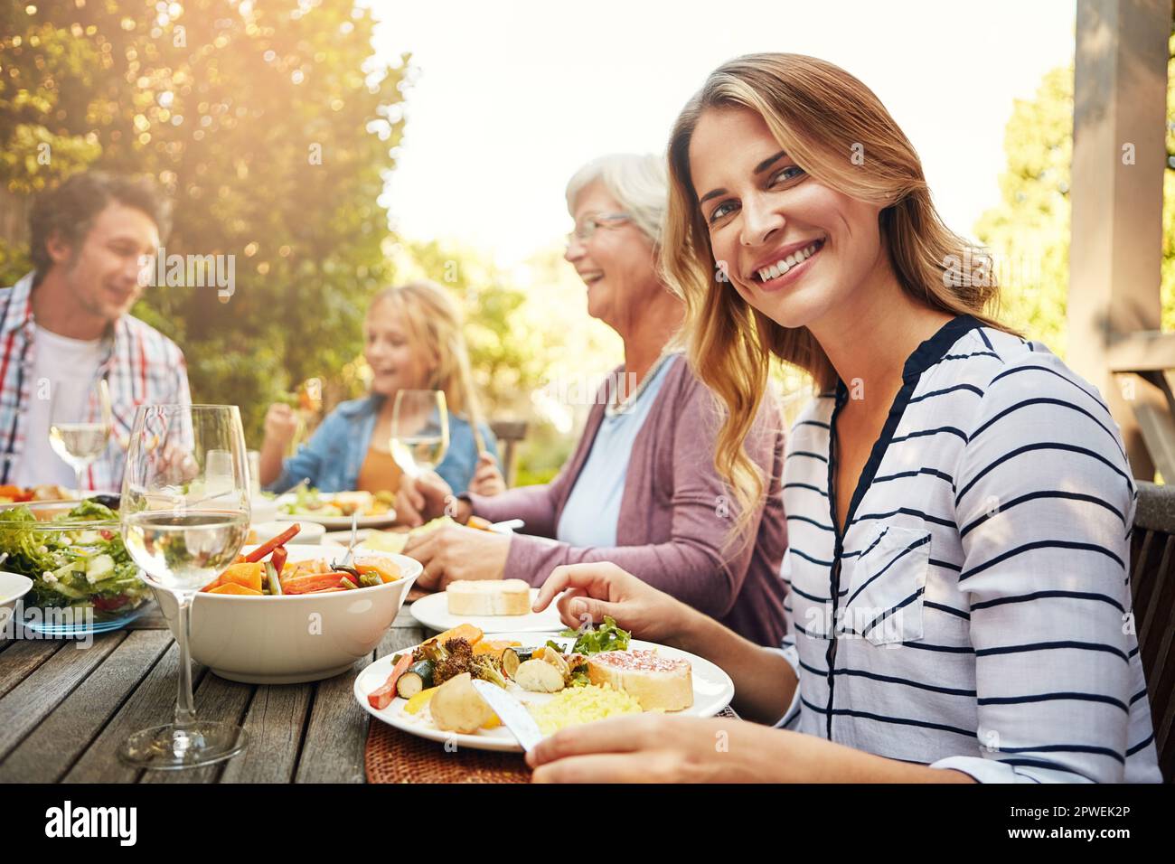 Sunday brunch with my favorite bunch. Portrait of a happy woman ...