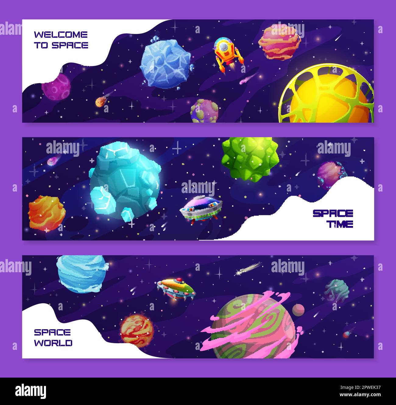 Cartoon galaxy space banners with fantasy UFO and spacecraft or alien ...
