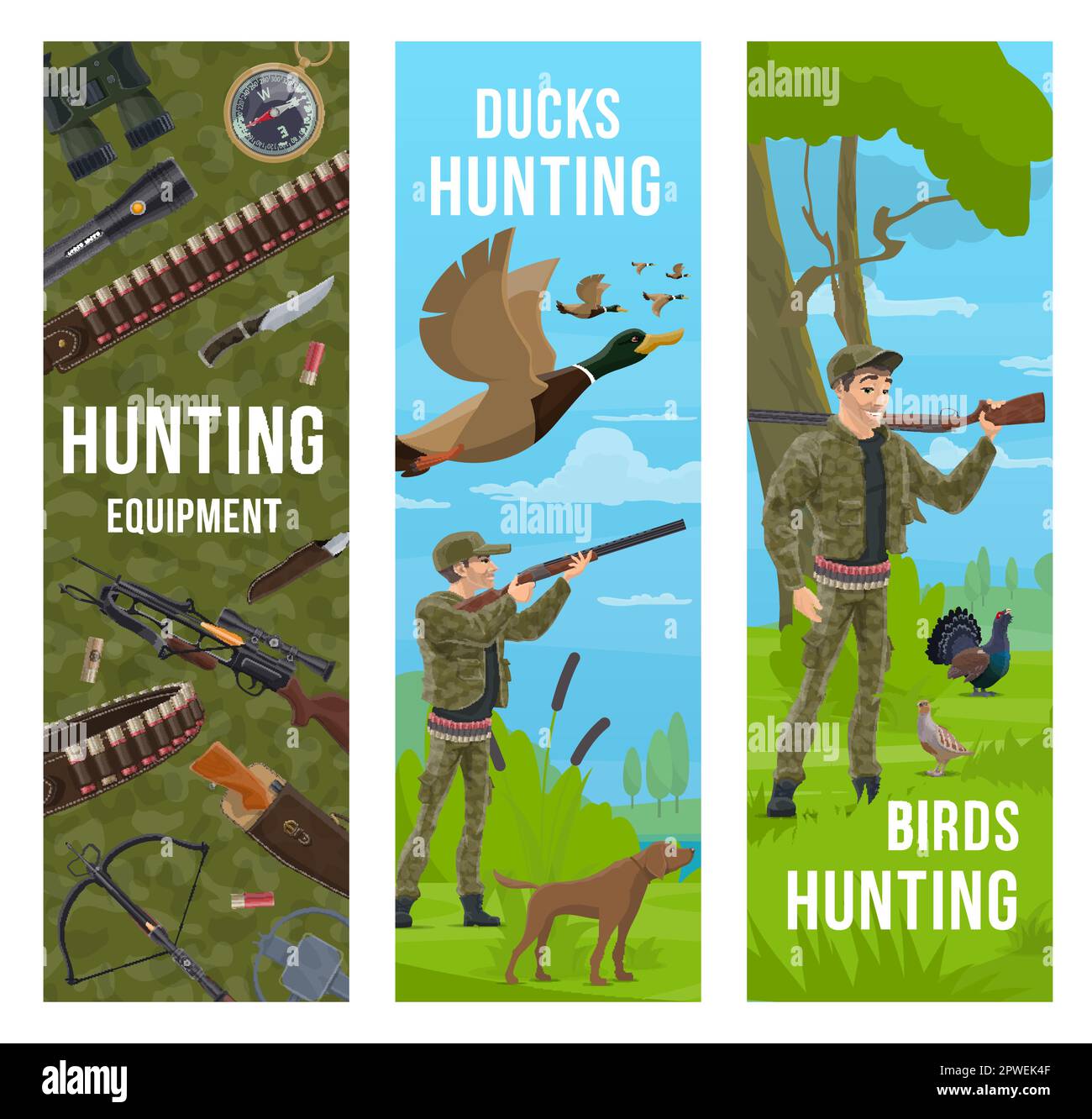 Hunting sport equipment and animals, cartoon hunter, gun and dog vector ...