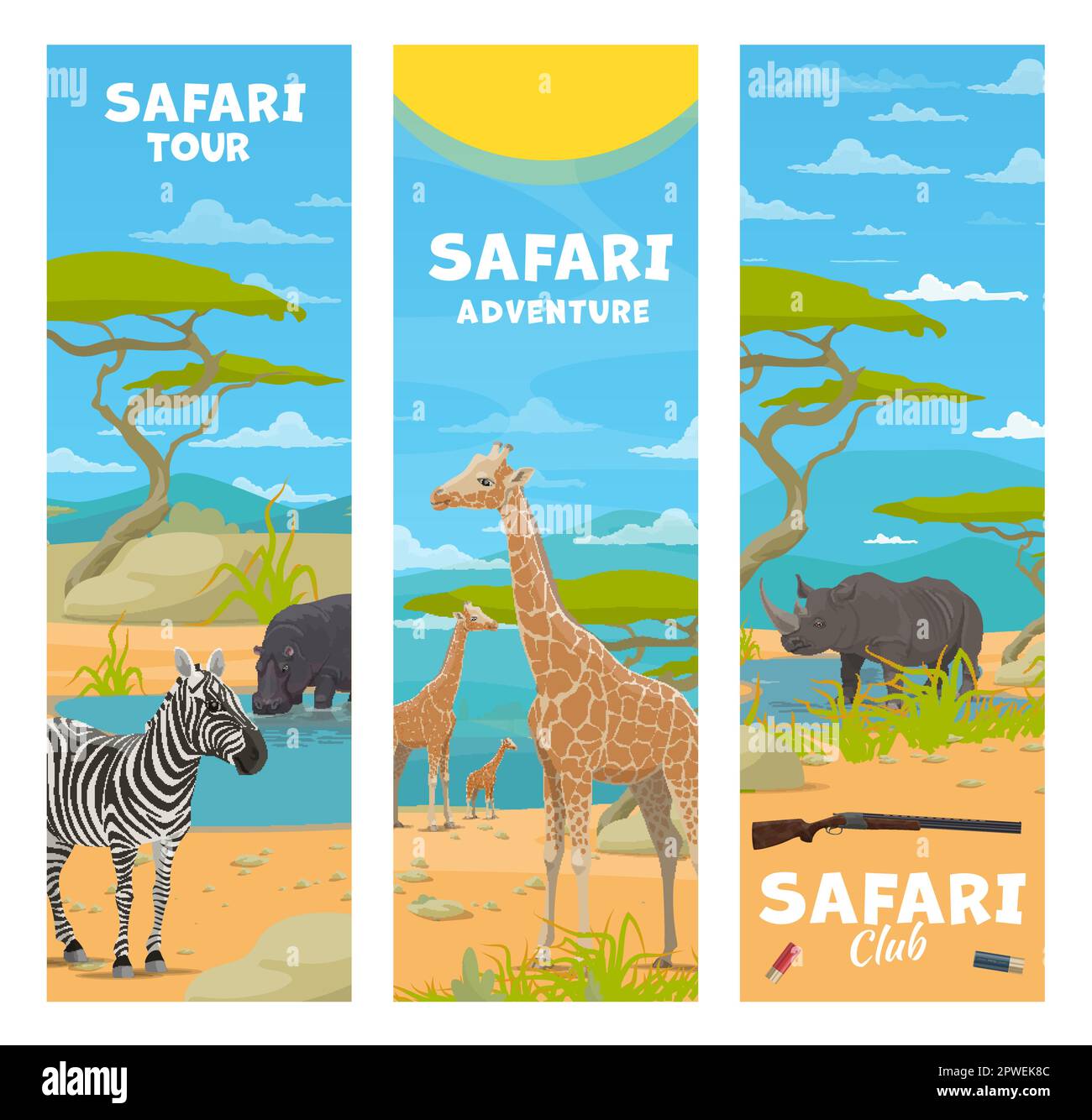 Safari hunting. Cartoon african animals on vector background of Africa ...