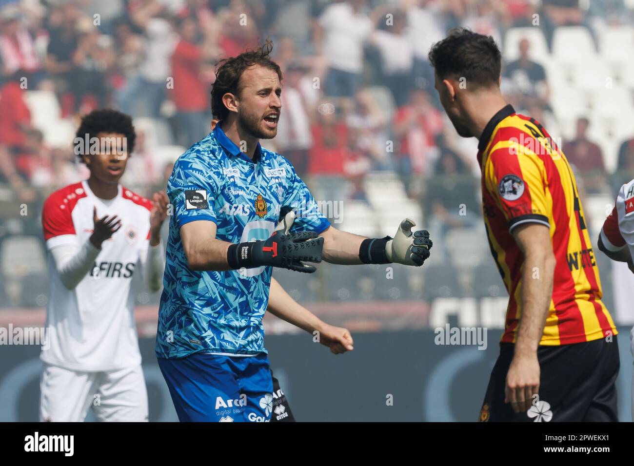Brussels, Belgium. 30th Apr, 2023. Mechelen's goalkeeper Gaetan Coucke ...
