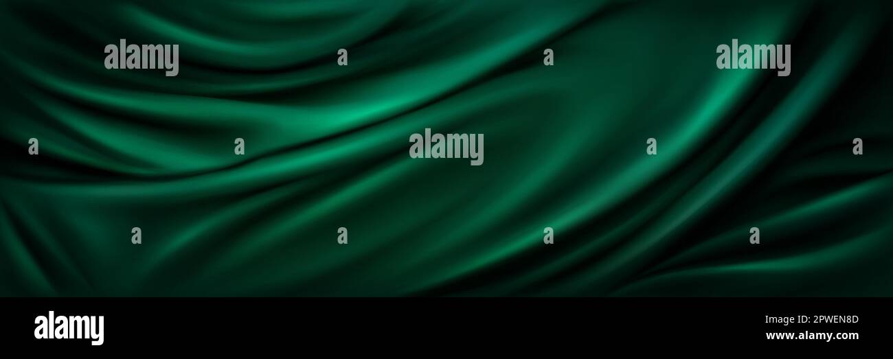 Green drapery silk fabric luxury background. Wavy abstract satin cloth vector texture pattern ...
