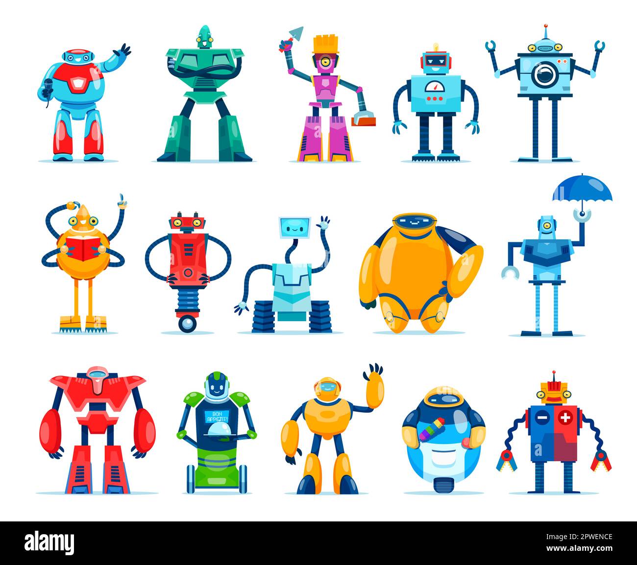 Cartoon robot characters, androids and robotic cyborg machines, vector ... Cartoon robot characters, androids and robotic cyborg machines, vector ...
