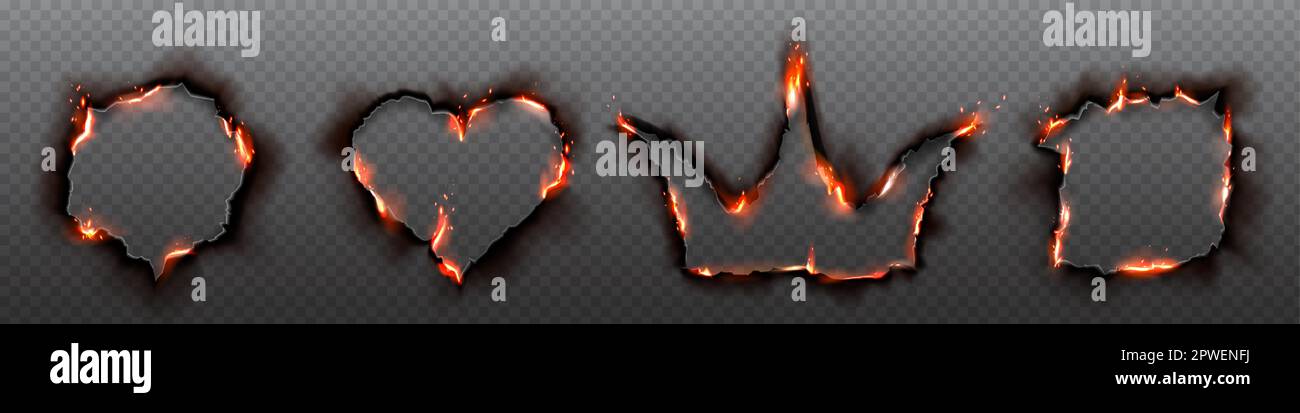 Orange burn hole frame with crown and heart shape. Circle and square ...