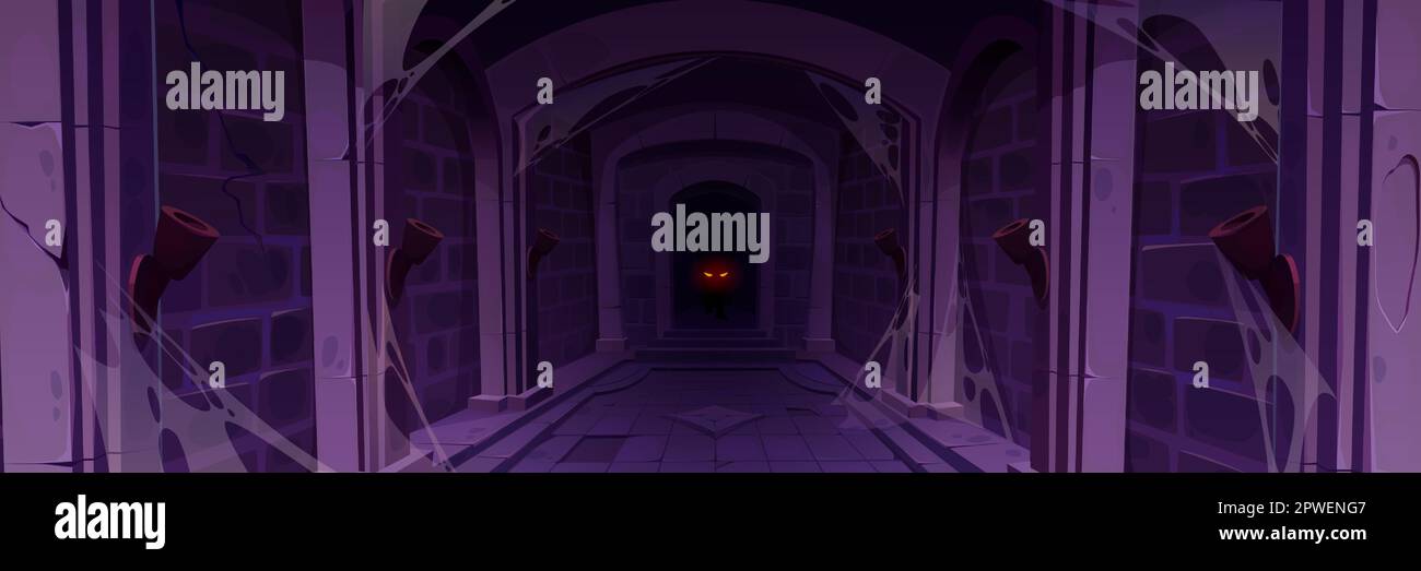 Abandoned castle cave for medieval game cartoon. Creature eye glow in ...