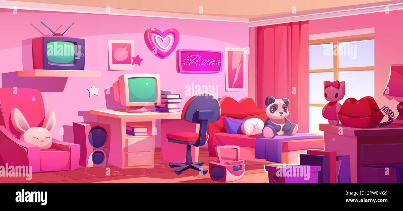 Y2k teenage girl pink bedroom cartoon interior design background ...