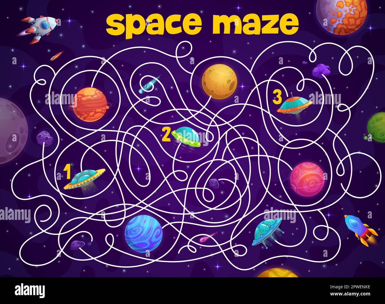 Space labyrinth maze, help UFO to find space planet, vector kids game ...