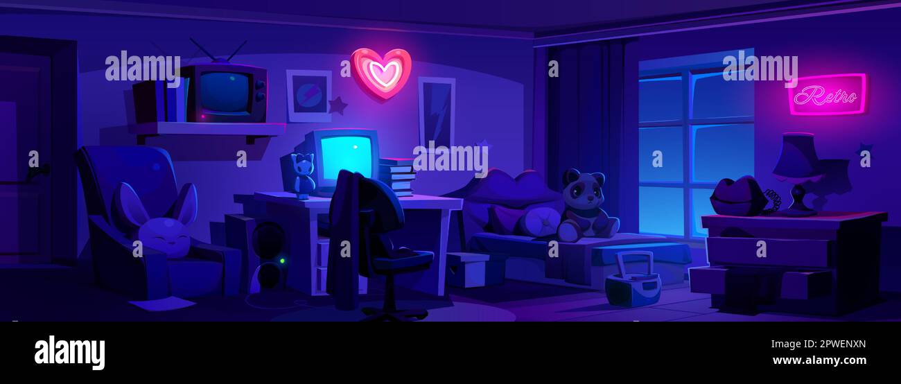 Night y2k girl bedroom interior with pink neon light heart. Cartoon ...