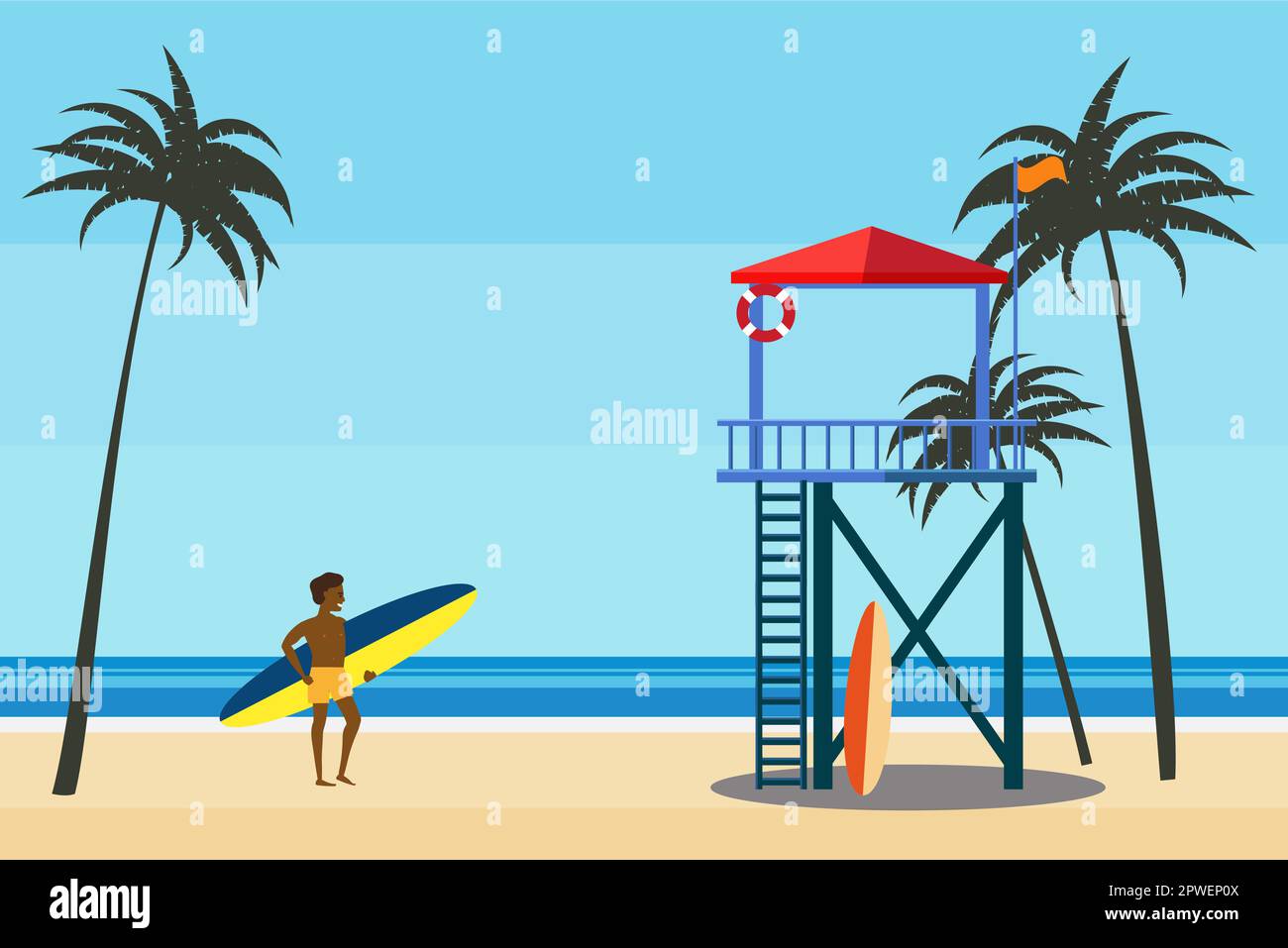Lifeguard station on the beach palms, surfer, coast ocean, sea. Summer ...
