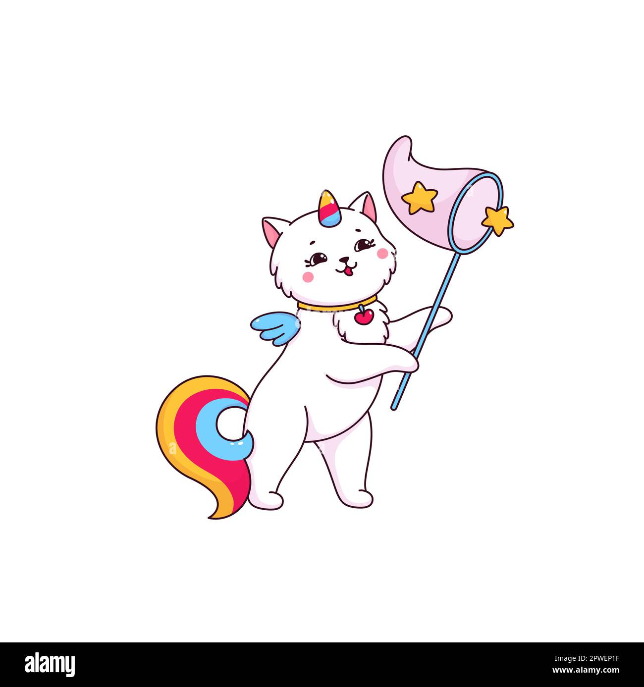 Cartoon cute caticorn character catching stars with butterfly net in ...