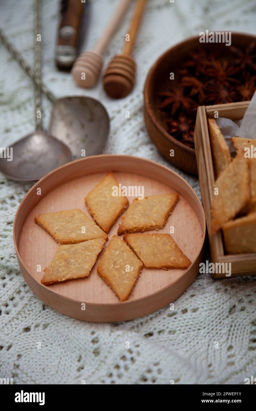 Homemade cookies with coconut. Rhombus shaped cookie. Sweet food ...
