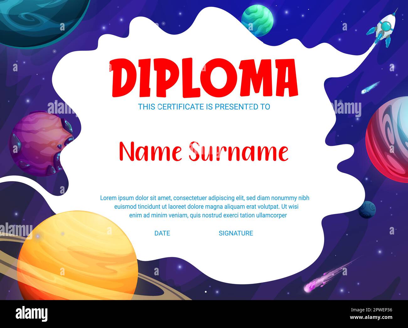 Kids diploma, starry galaxy, spaceship and space planets, vector ...